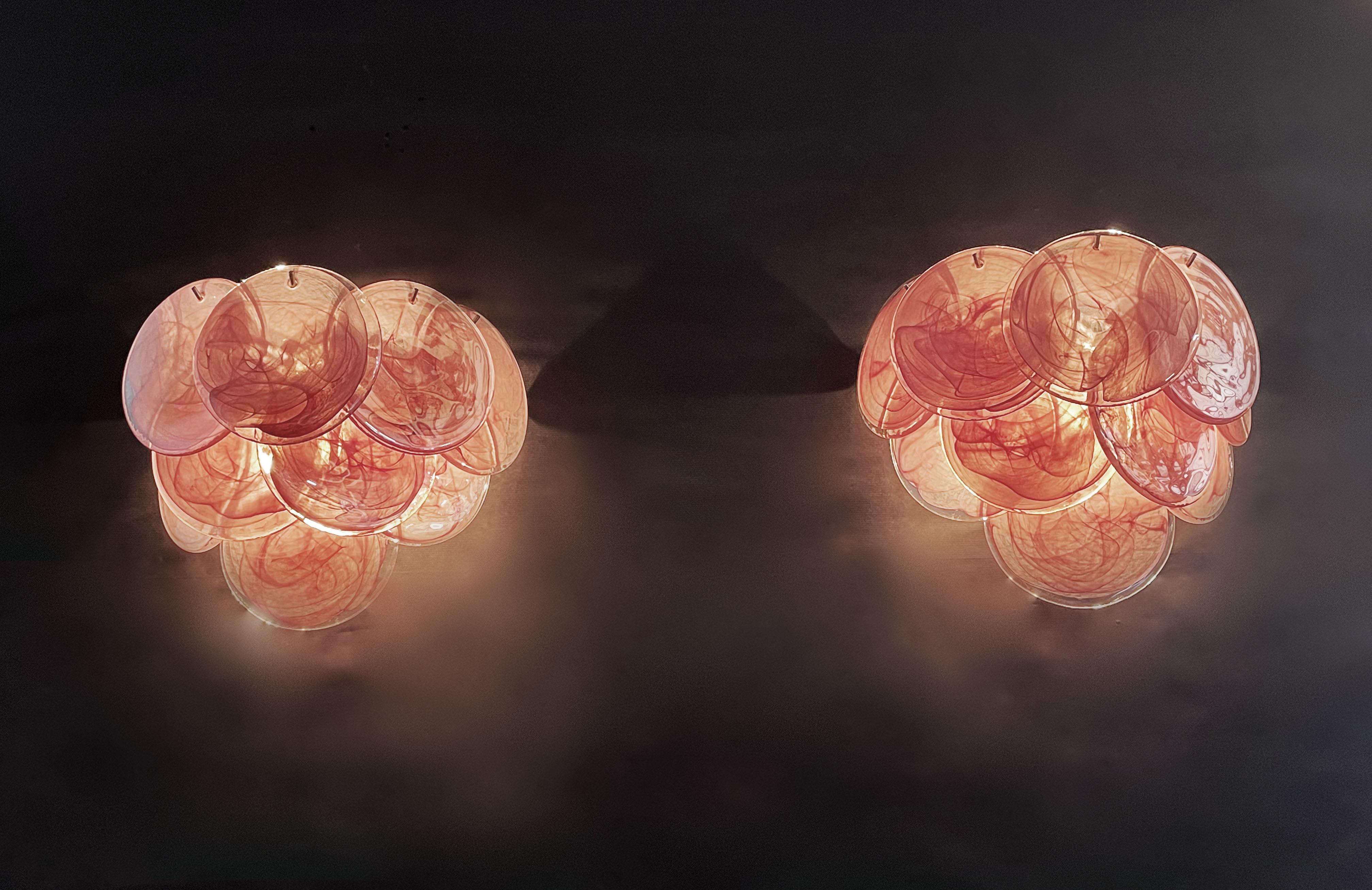 Pair of Glass Wall Sconces, 10 Iridescent Alabaster Pink Discs at 1stDibs