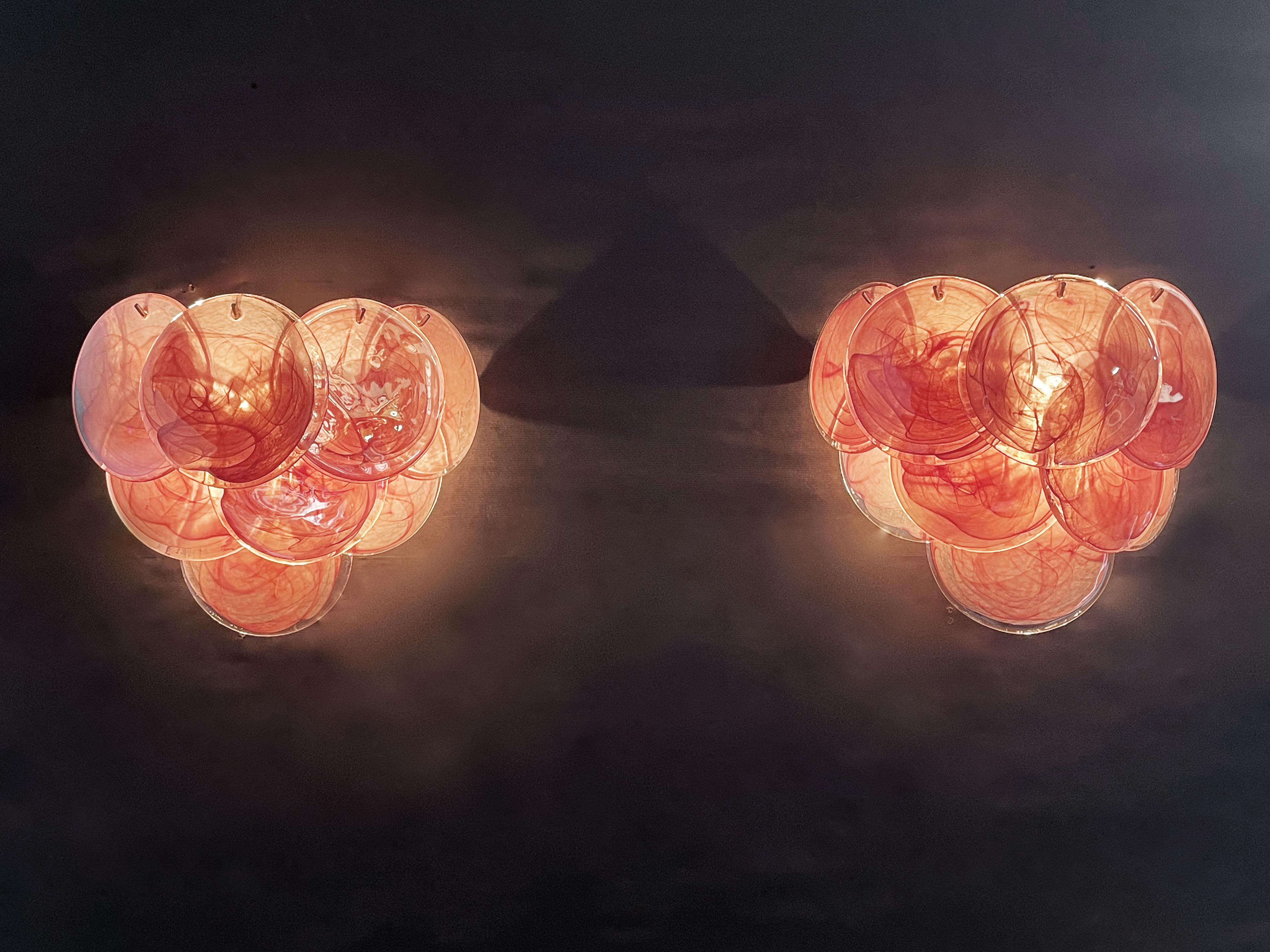 Pair of Glass Wall Sconces, 10 Iridescent Alabaster Pink Discs at 1stDibs