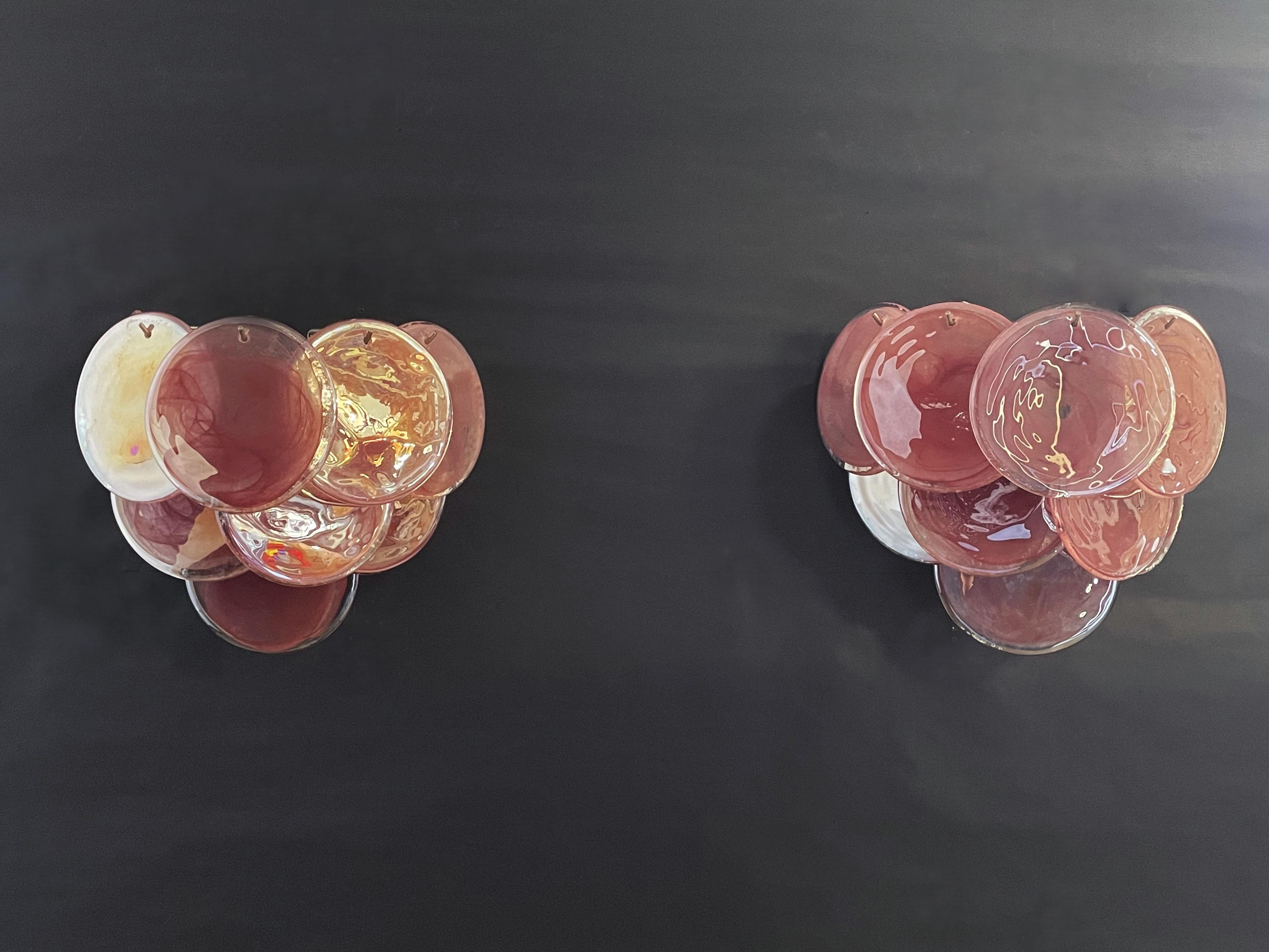 Pair of Glass Wall Sconces, 10 Iridescent Alabaster Pink Discs at 1stDibs