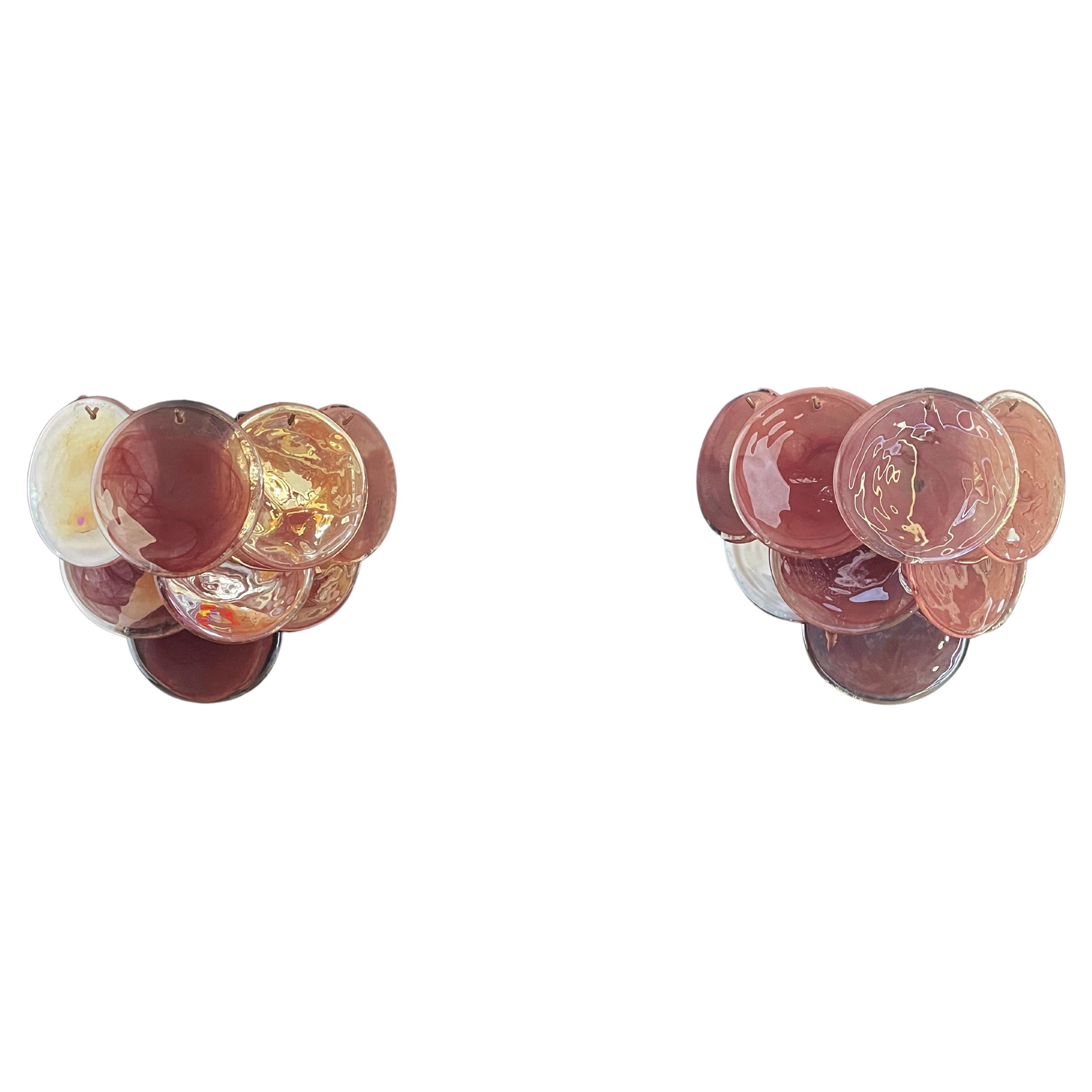 Pair of Glass Wall Sconces, 10 Iridescent Alabaster Pink Discs at 1stDibs