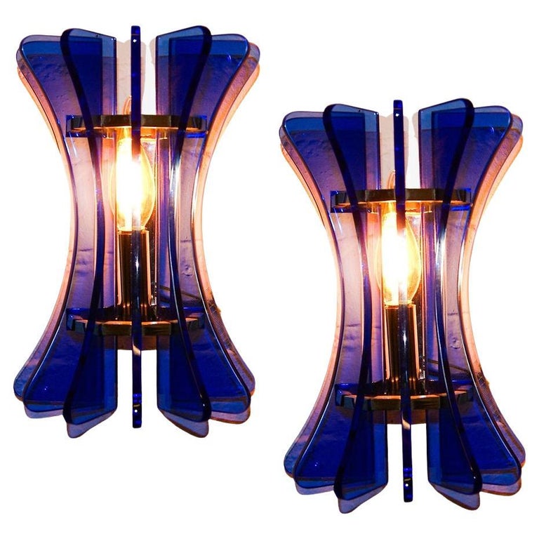 Pair of Glass Wall Sconces in Colour Deep Blue Veca Italy 1960s For ...