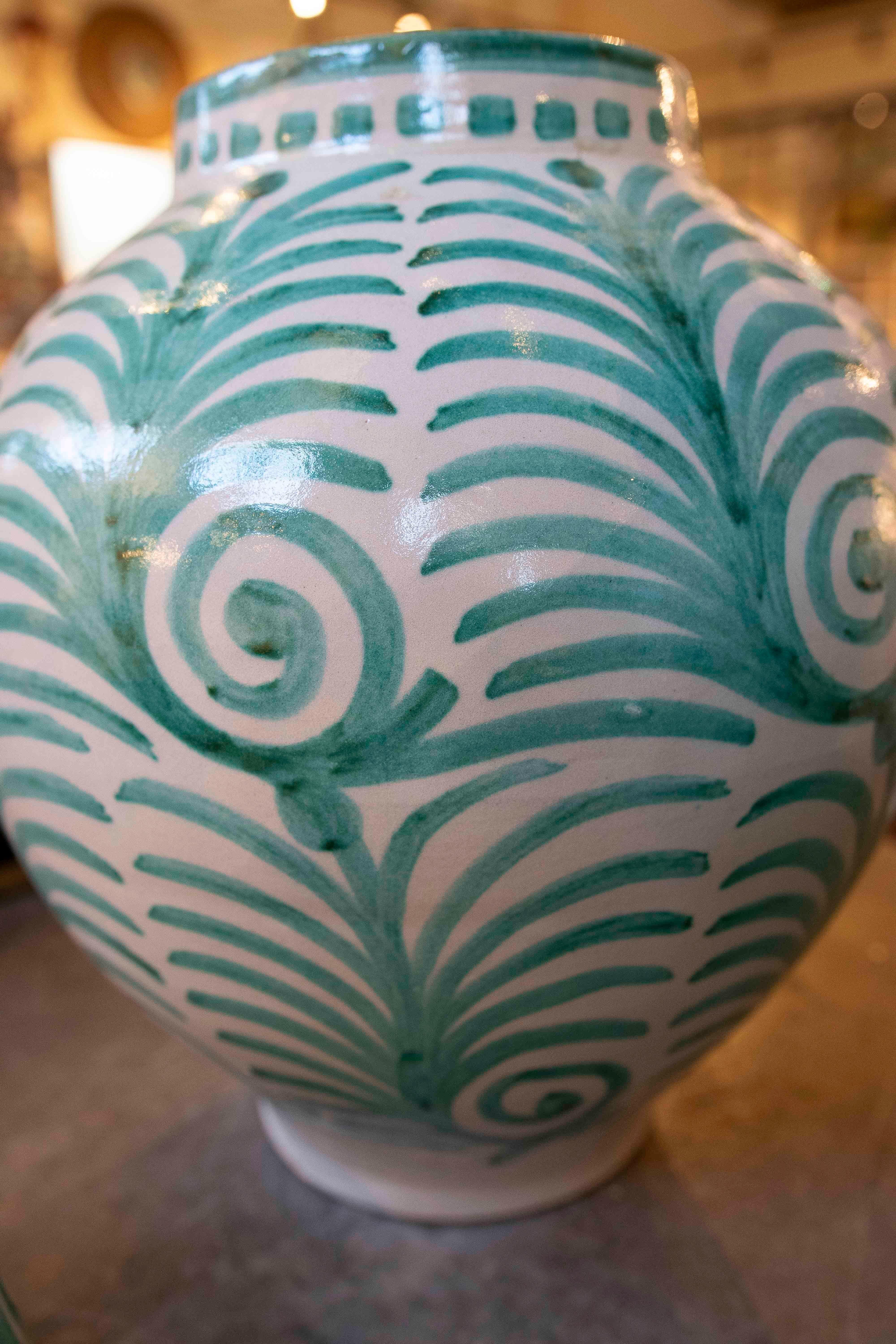 Pair of Glazed Ceramic Vases with White Lid and Green Decoration For ...