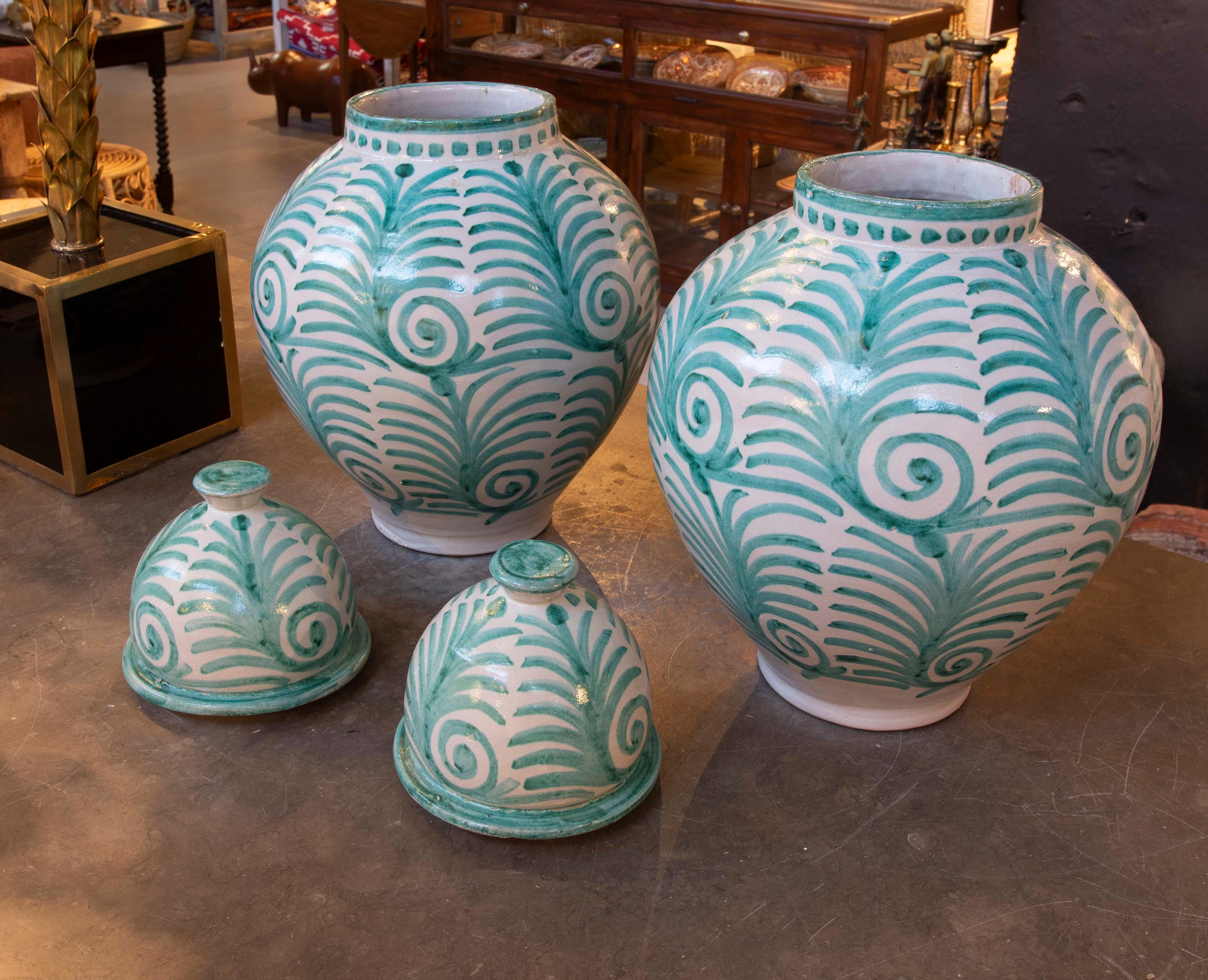 Pair of Glazed Ceramic Vases with White Lid and Green Decoration For ...