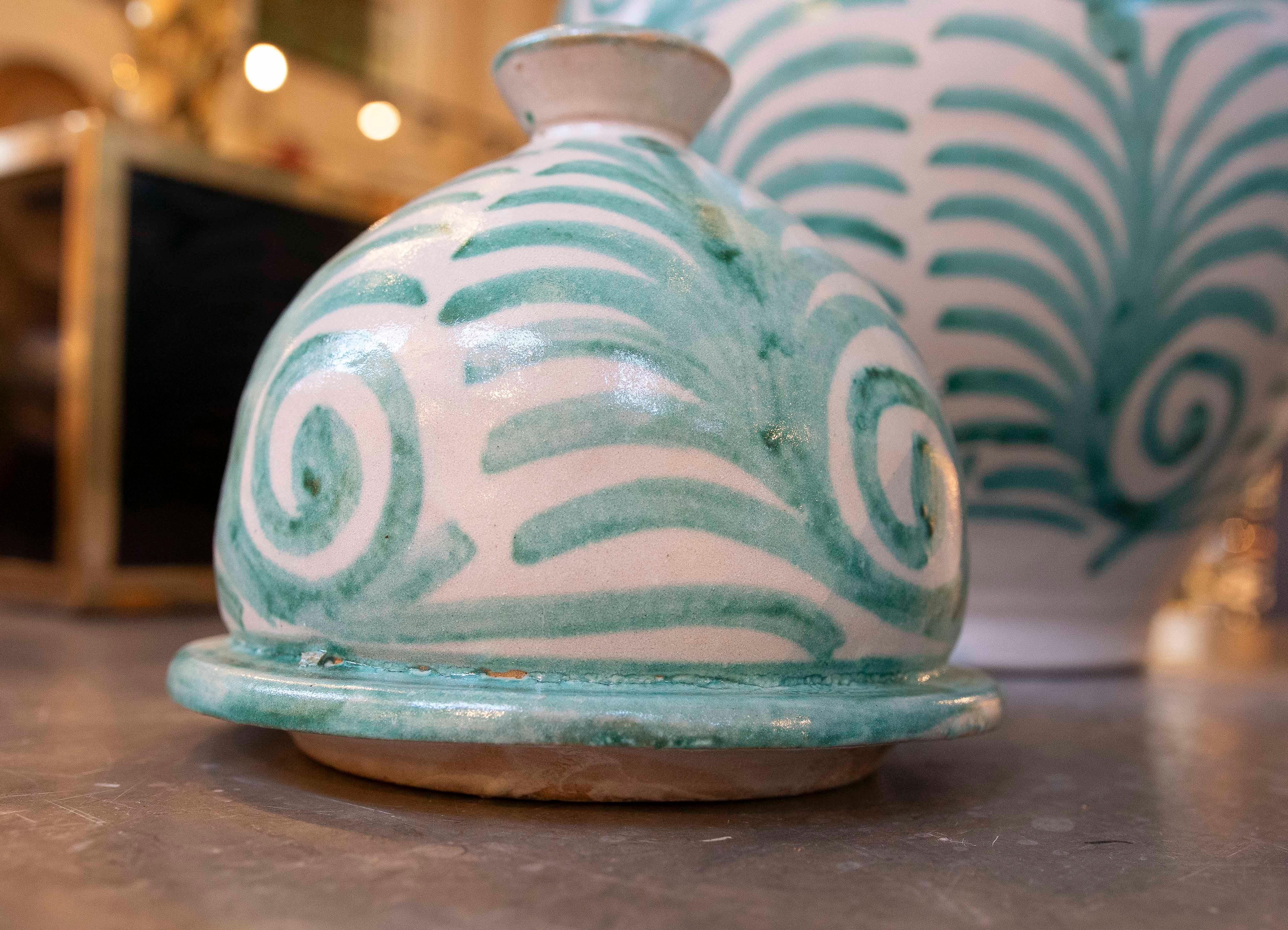 Pair of Glazed Ceramic Vases with White Lid and Green Decoration For ...