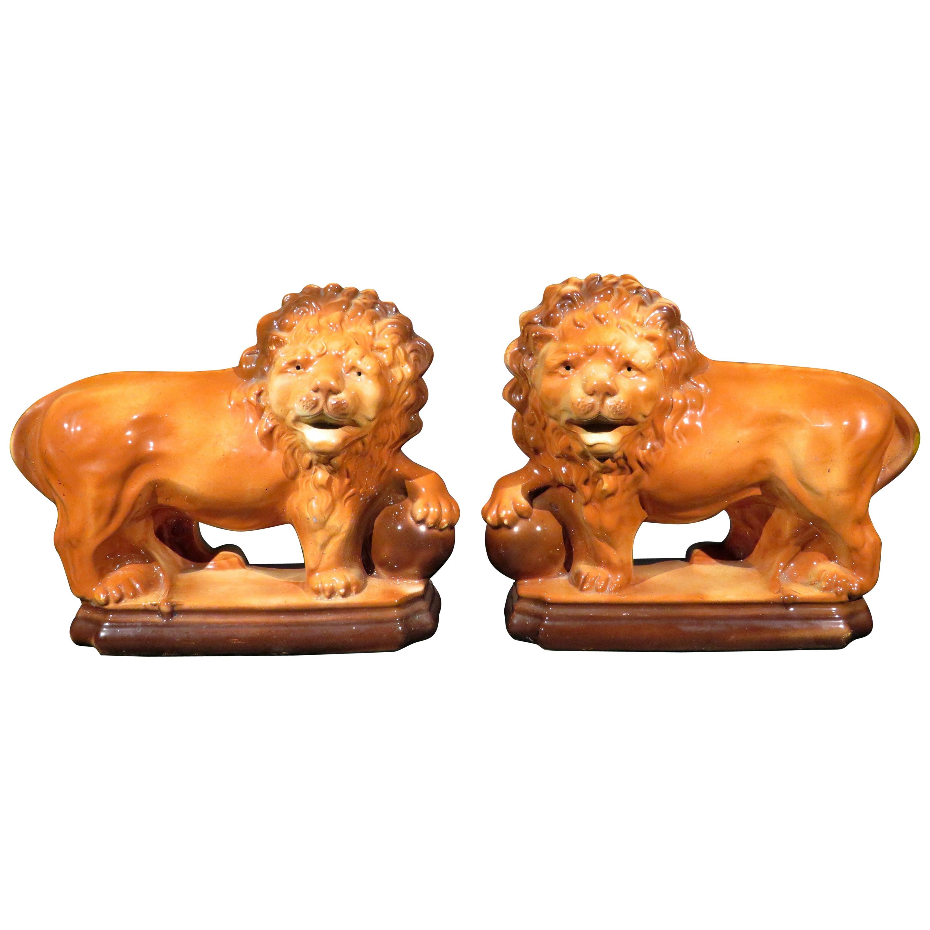 Pair of Ceramic and Glazed Lions by Lancaster and Sons (Hanley) Ltd (L ...