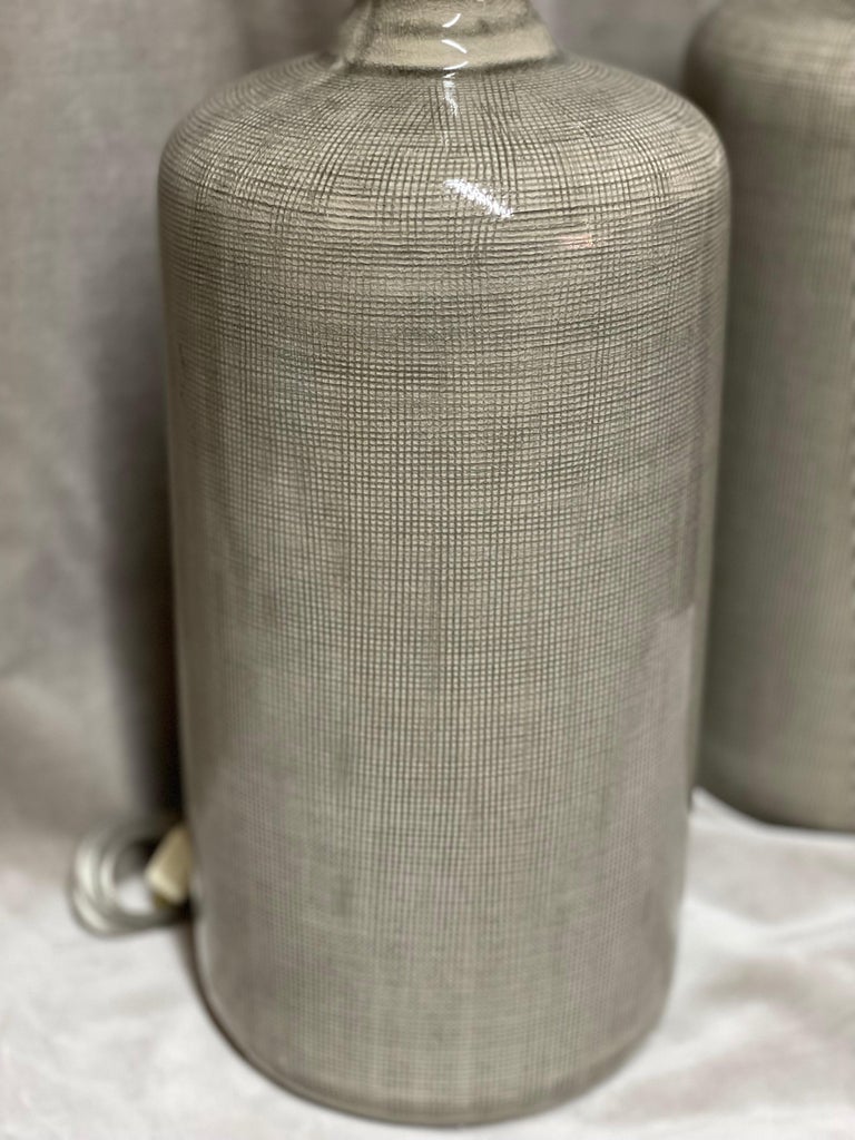 Pair of Glazed Textured Ceramic Vessels with Lamp Application For Sale ...