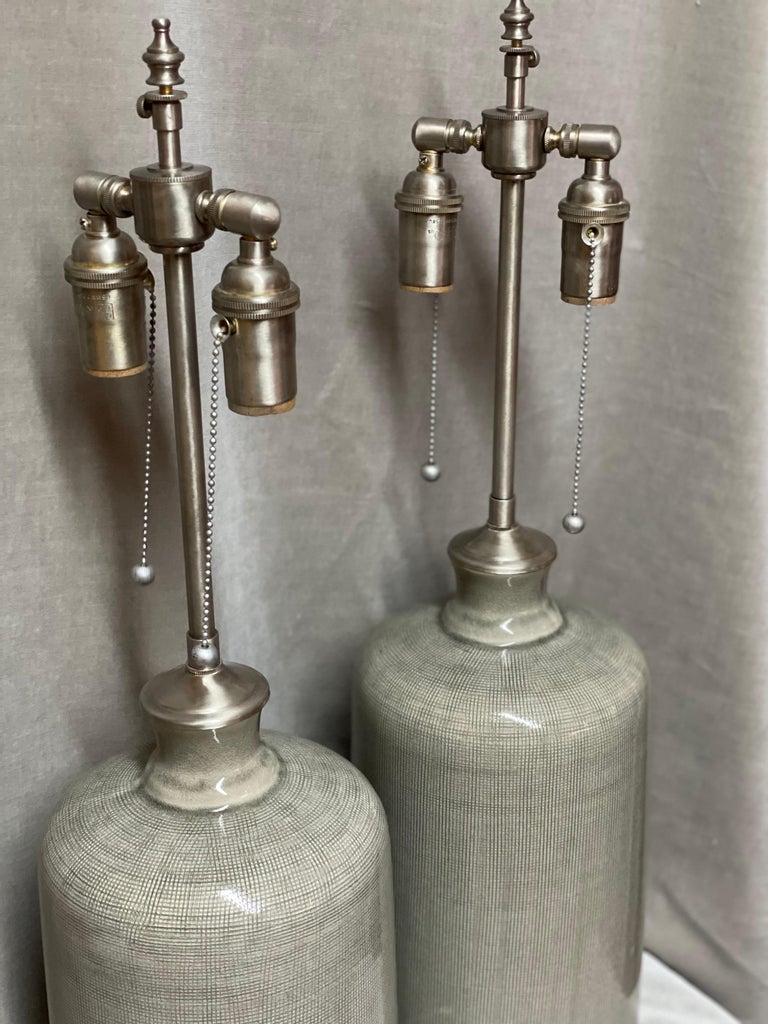 Pair of Glazed Textured Ceramic Vessels with Lamp Application For Sale ...