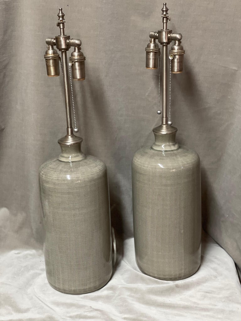 Pair of Glazed Textured Ceramic Vessels with Lamp Application For Sale ...