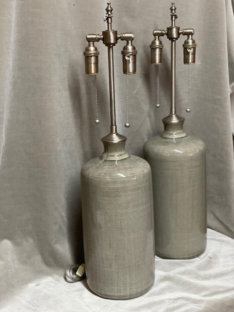 Pair of Glazed Textured Ceramic Vessels with Lamp Application For Sale ...