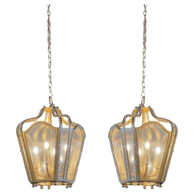 Pair of Gold Finished Wrought Iron Lanterns with Textured Glass and ...