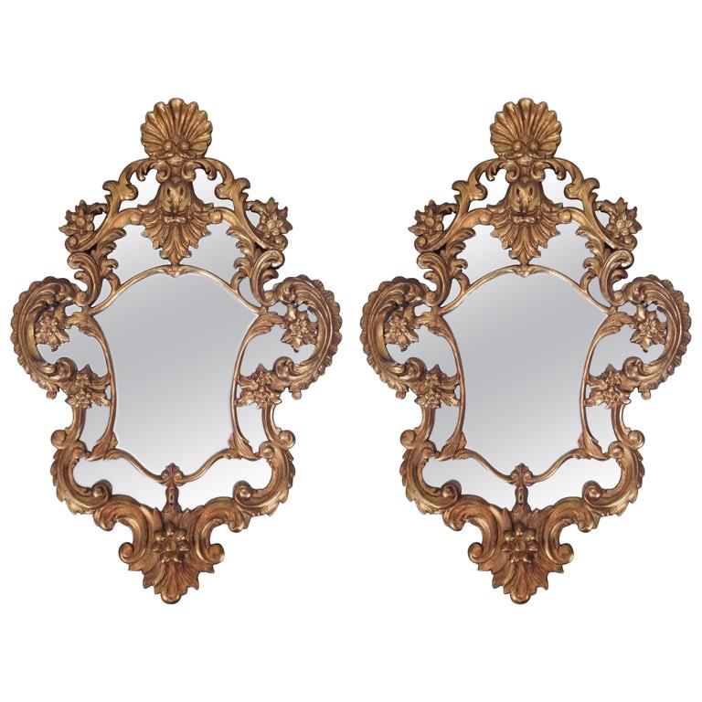 Pair of Giltwood Mirrors with a Shell Motif at Top, 20th Century at 1stDibs