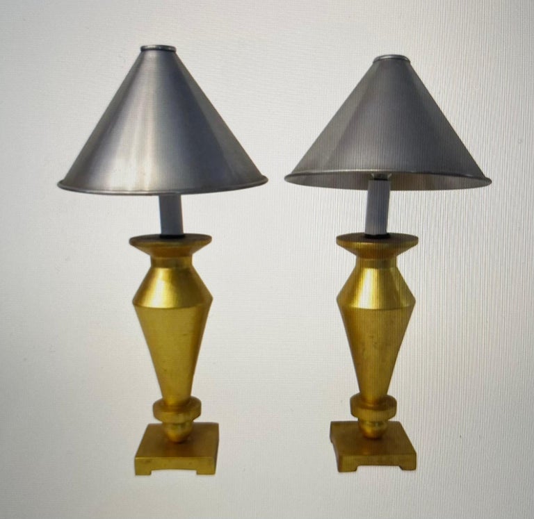 Pair of Gold Wood Lamps with Aluminum Shades For Sale at 1stDibs
