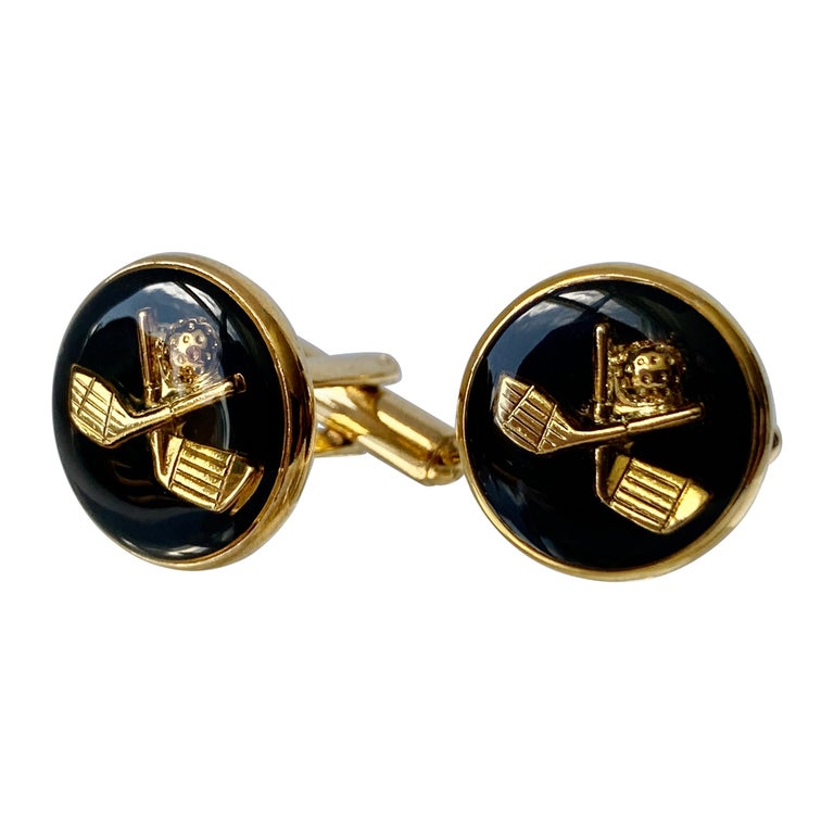 A Pair of Cufflinks with Golf Clubs and Ball on a Black Ground with "T ...