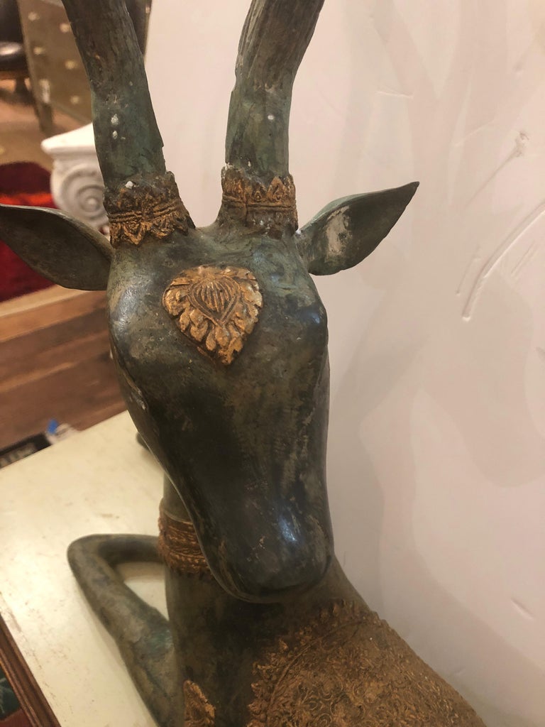 Pair of Gorgeous Patinated Bronze and Gilded Stag Sculptures at 1stDibs