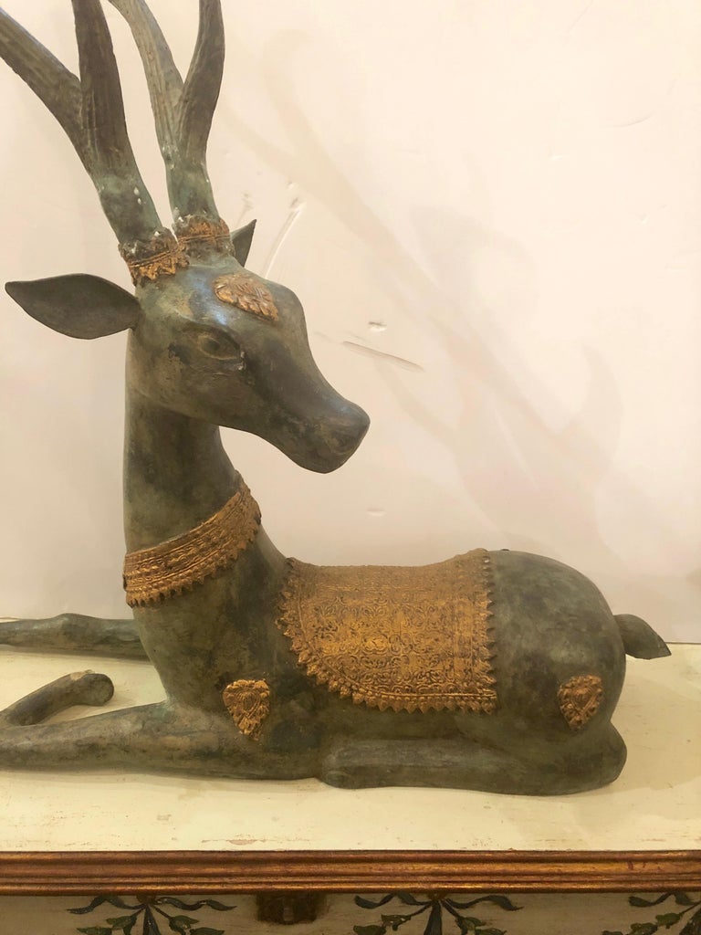 Pair of Gorgeous Patinated Bronze and Gilded Stag Sculptures at 1stDibs