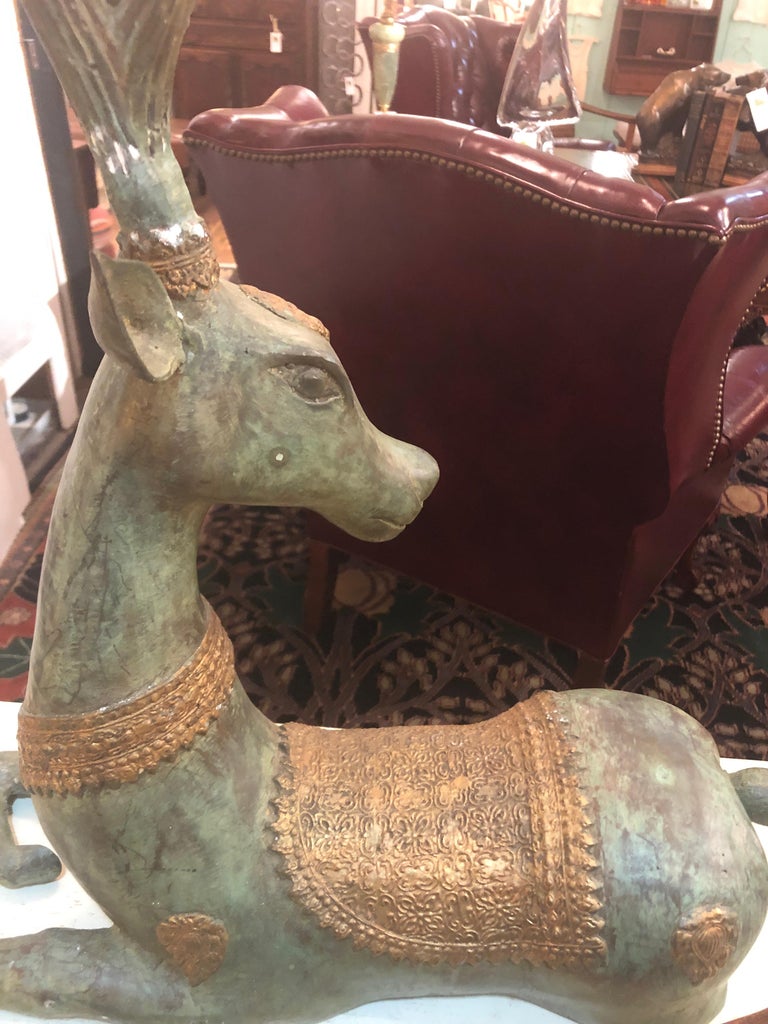 Pair of Gorgeous Patinated Bronze and Gilded Stag Sculptures at 1stDibs