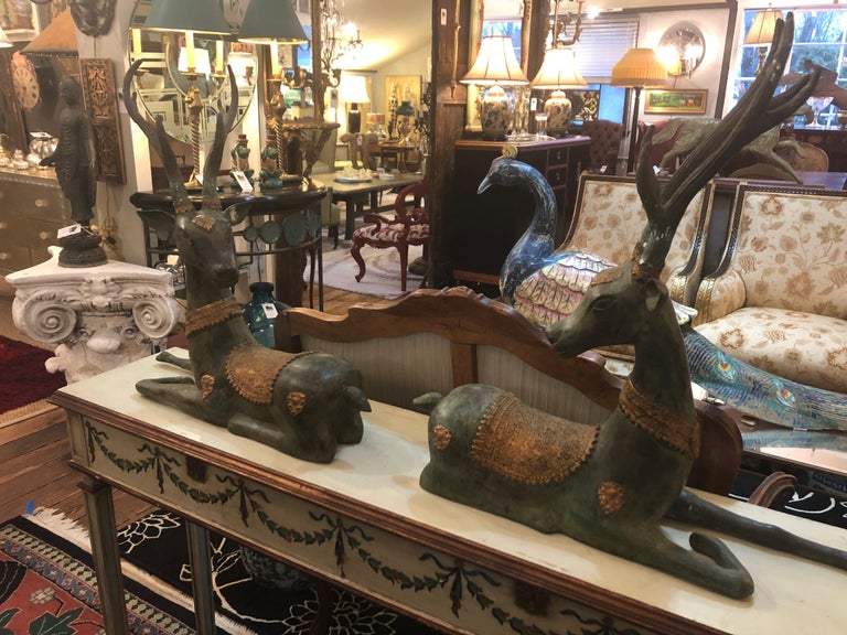 Pair of Gorgeous Patinated Bronze and Gilded Stag Sculptures at 1stDibs
