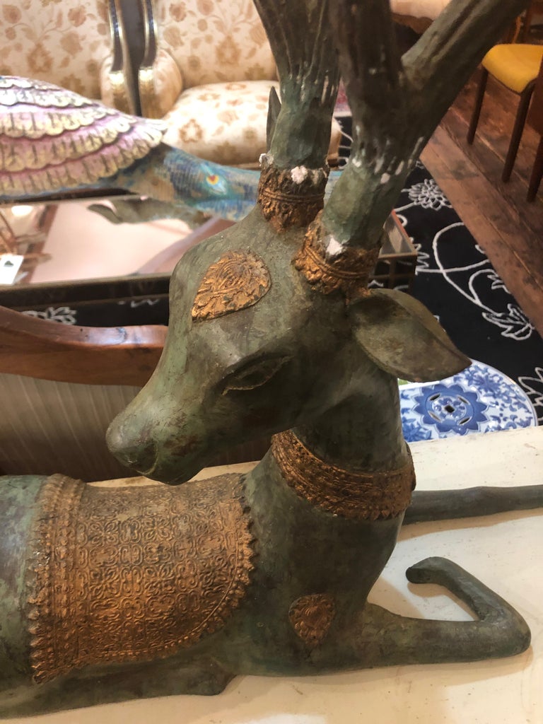 Pair of Gorgeous Patinated Bronze and Gilded Stag Sculptures at 1stDibs