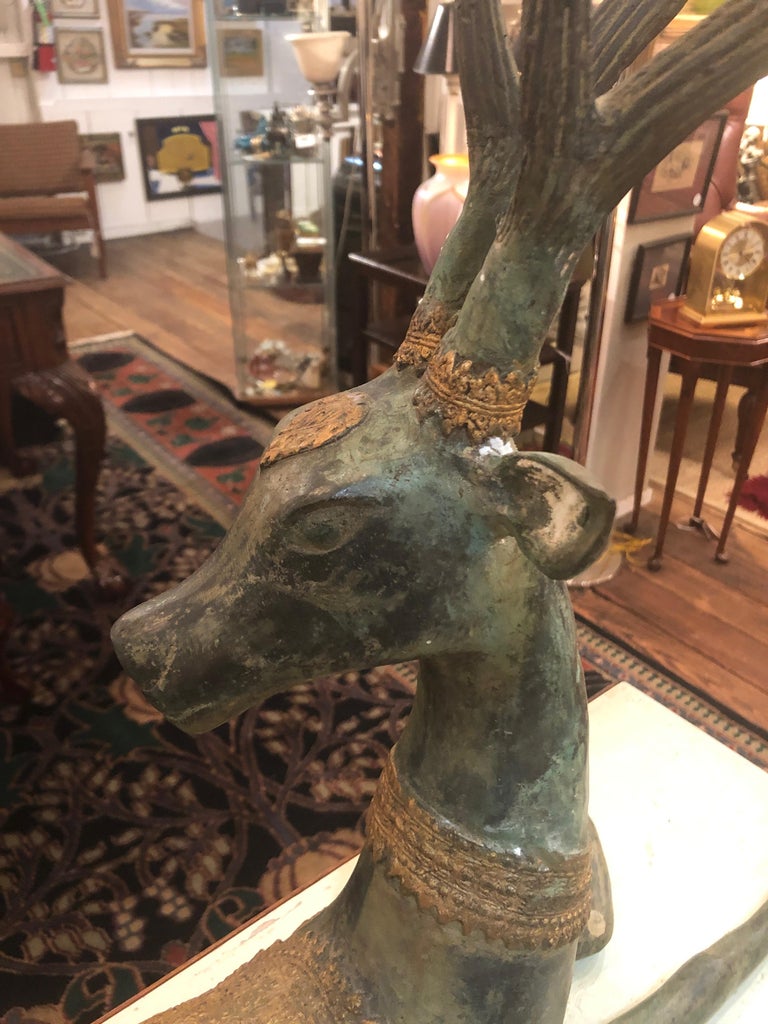 Pair of Gorgeous Patinated Bronze and Gilded Stag Sculptures at 1stDibs