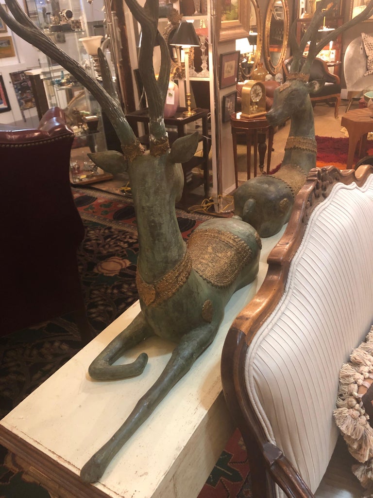 Pair of Gorgeous Patinated Bronze and Gilded Stag Sculptures at 1stDibs