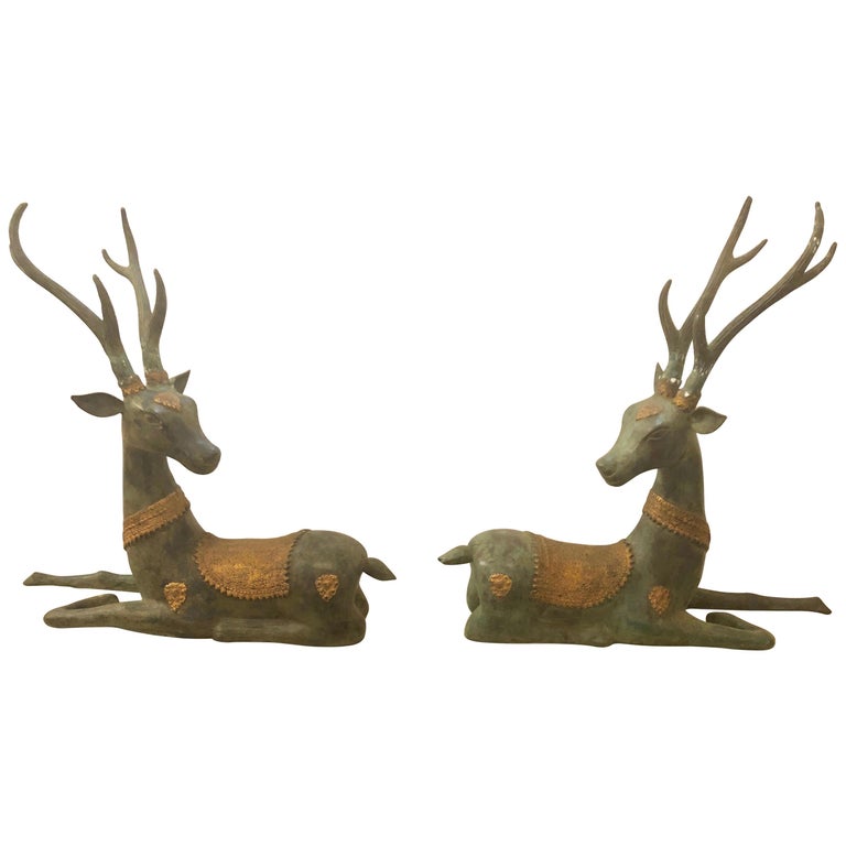 Pair of Gorgeous Patinated Bronze and Gilded Stag Sculptures at 1stDibs