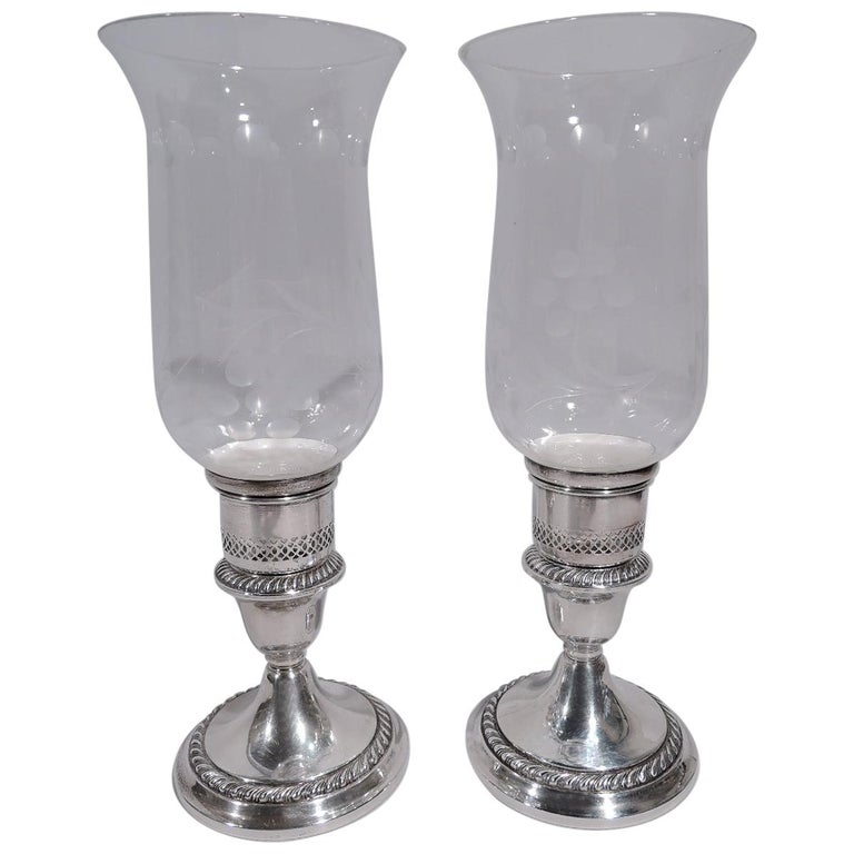 Pair of Gorham Cambridge Sterling Silver and Glass Hurricane Lamps at ...