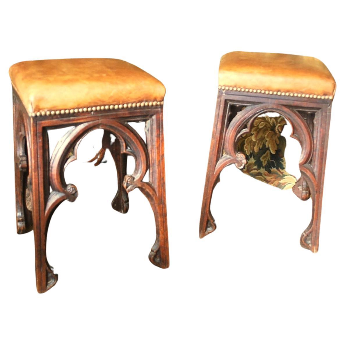 Pair of Gothic French Oak Stools For Sale at 1stDibs