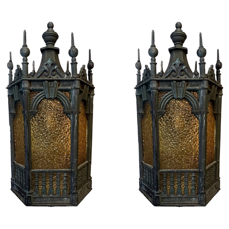 Pair of Gothic Tudor Bronze Lantern Sconces Textured Amber Glass For ...