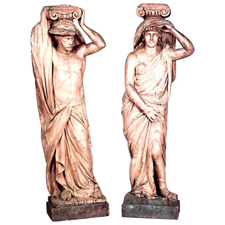 Pair of French Victorian Stripped Lifesize Carved Figures For Sale at ...