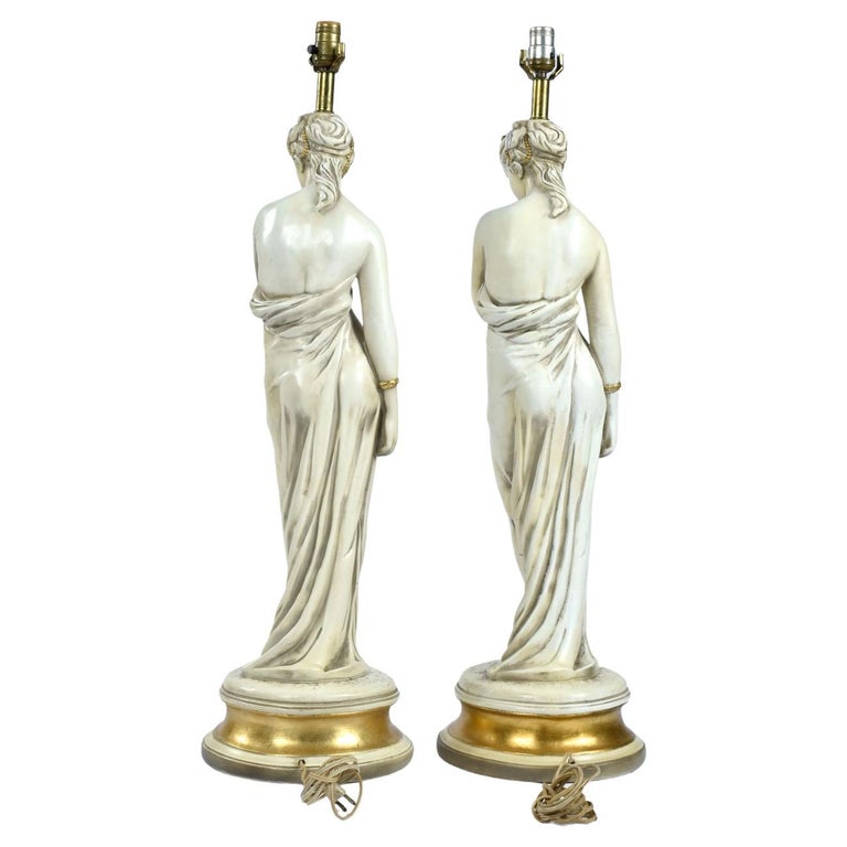 Pair of Greco Roman Muse Goddess Fountain Woman Chalkware Lamps For ...
