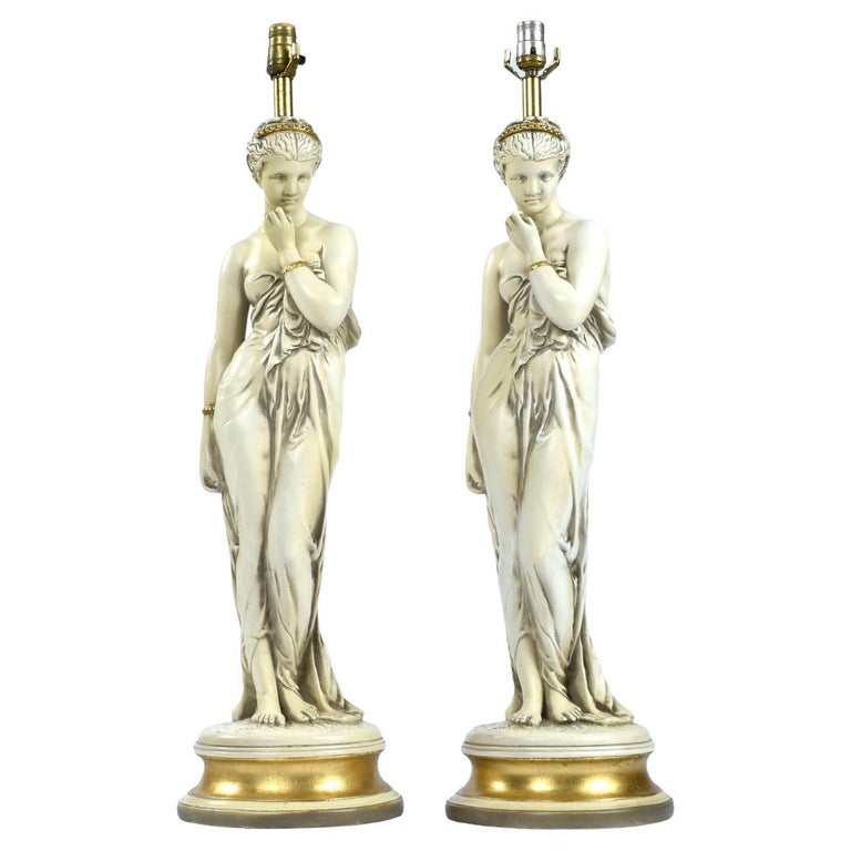 Pair of Greco Roman Muse Goddess Fountain Woman Chalkware Lamps For ...
