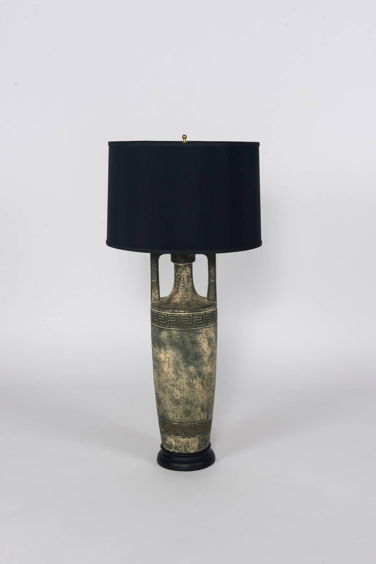 Pair of Greek Key Lamps with Black Shades For Sale at 1stDibs