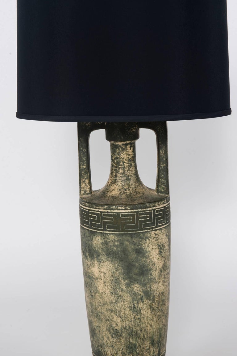 Pair of Greek Key Lamps with Black Shades For Sale at 1stDibs