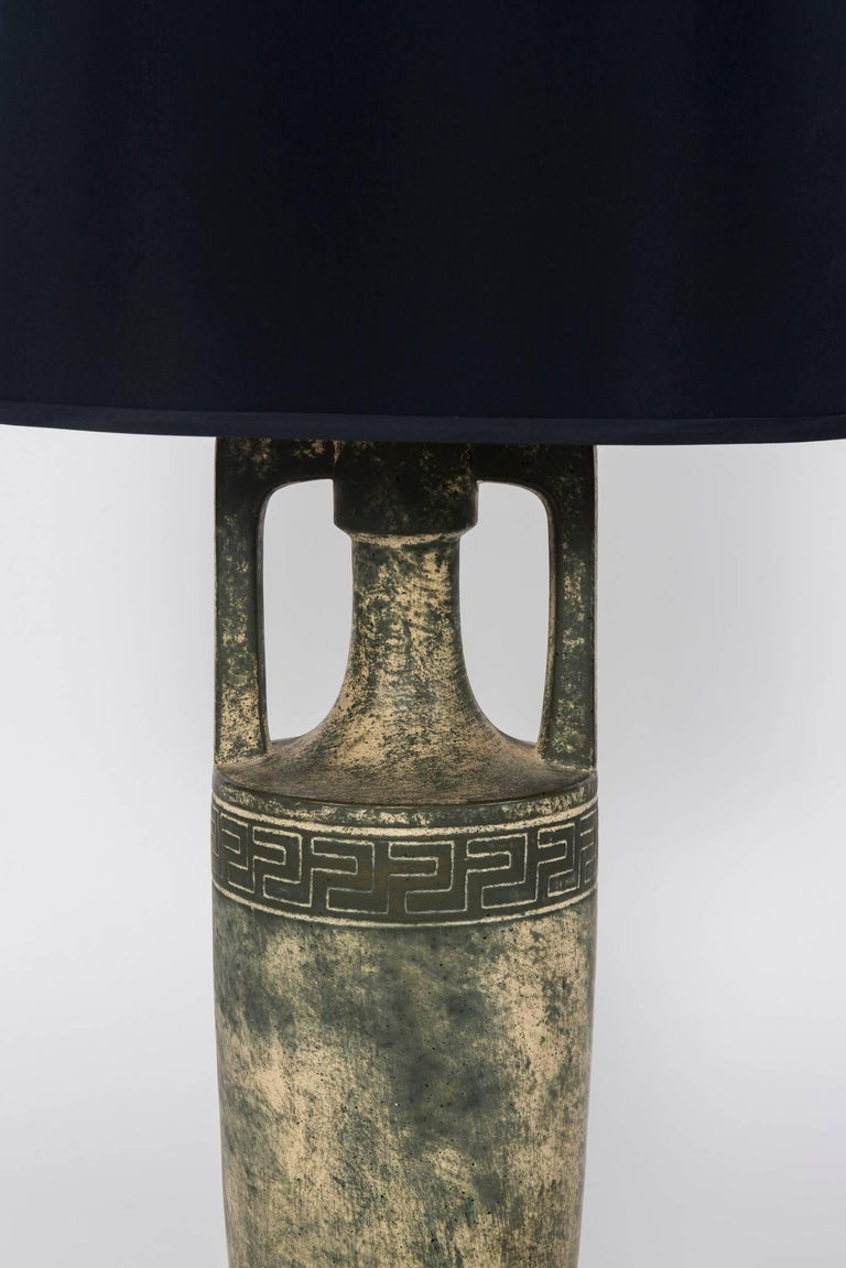 Pair of Greek Key Lamps with Black Shades For Sale at 1stDibs