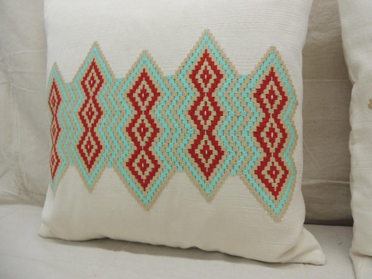 Pair of Green and Red Embroidered Square Decorative Pillows For Sale at ...