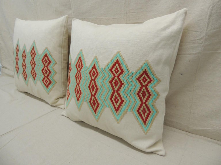 Pair of Green and Red Embroidered Square Decorative Pillows For Sale at ...