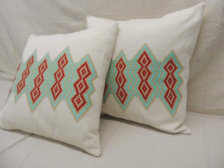 Pair of Green and Red Embroidered Square Decorative Pillows For Sale at ...