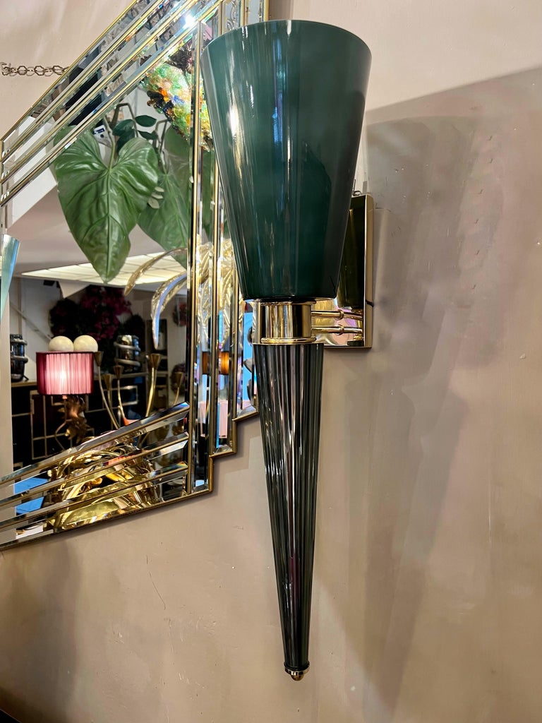Pair of Green Art Deco Conical Murano Wall Sconces, Brass Fittings ...