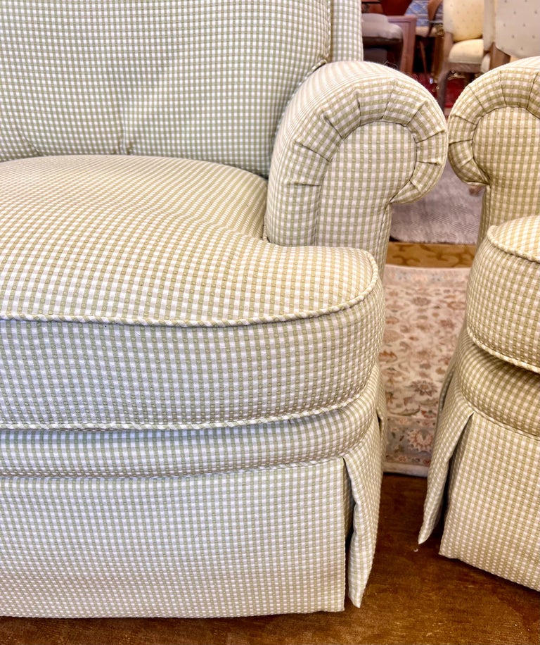 Pair of Green Gingham Check Swivel Rocker Club Chairs For Sale at 1stDibs