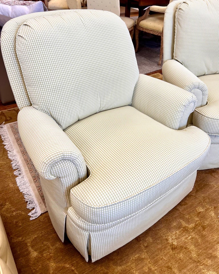 Pair of Green Gingham Check Swivel Rocker Club Chairs For Sale at 1stDibs