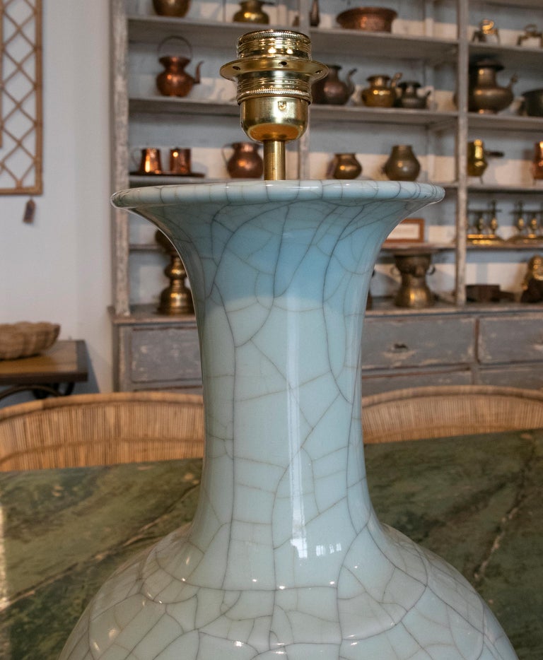 Pair of Green Glazed Porcelain Lamps with Crackled Finish For Sale at ...