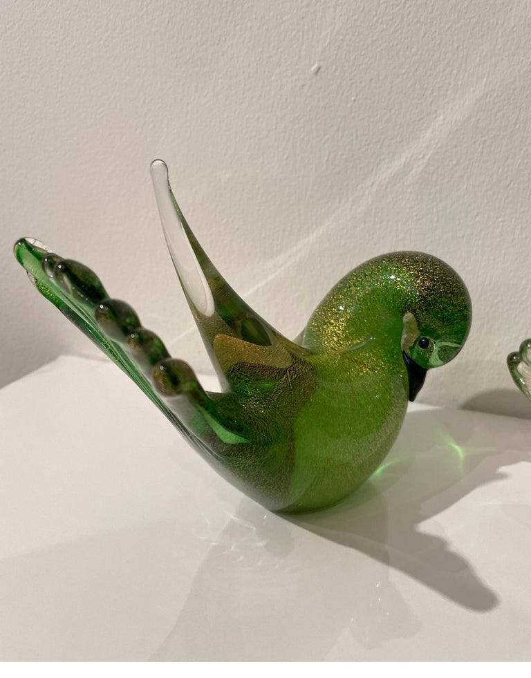 Pair of Green and Gold Murano Bird Sculptures at 1stDibs