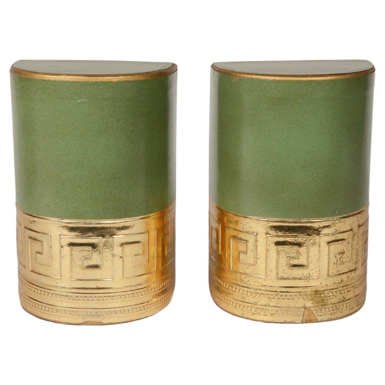 Pair of Green Leather Bookends with Greek Key Detail at 1stDibs