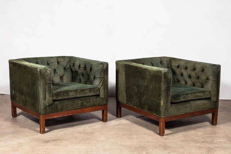 Pair of Green Leather Tufted Club Chairs at 1stDibs