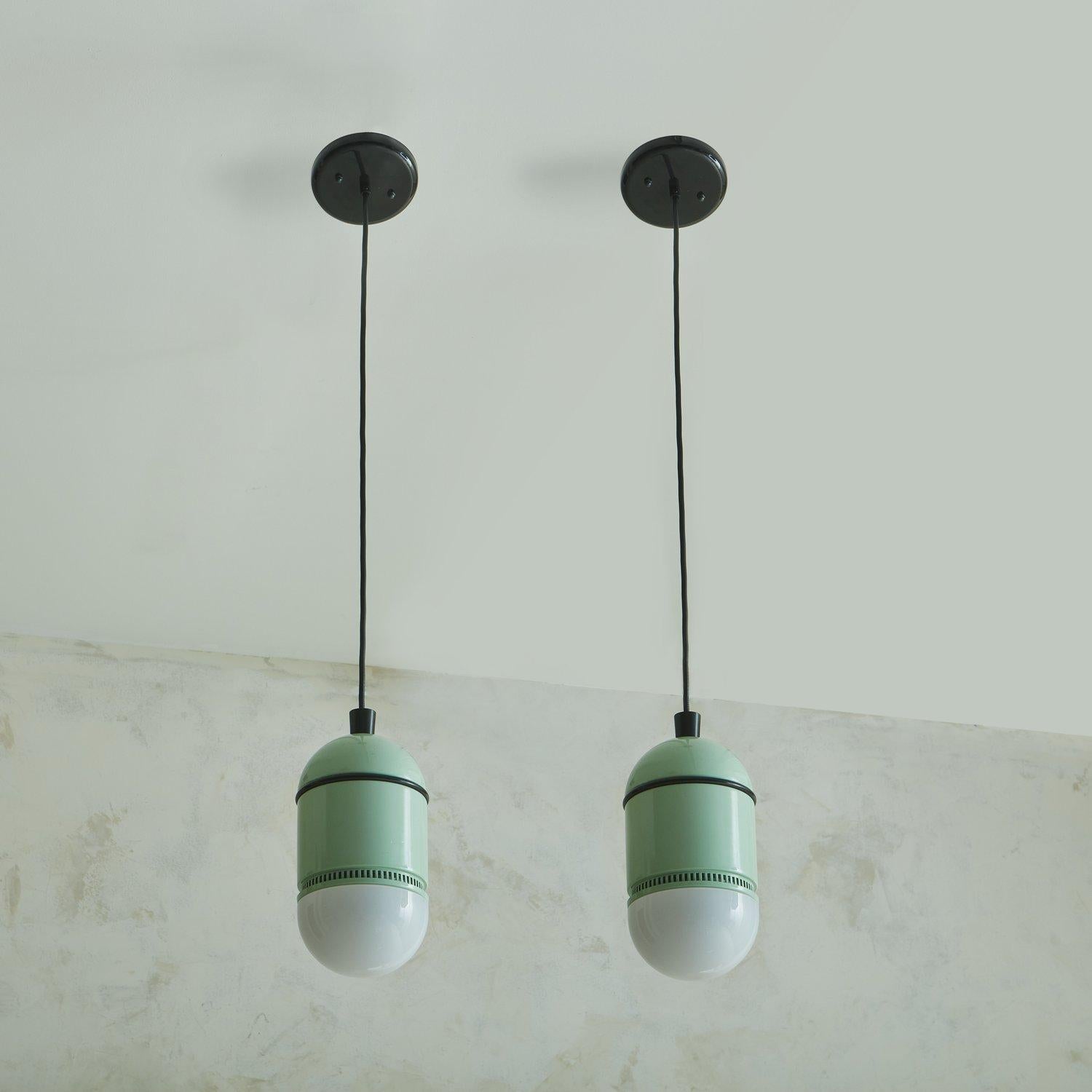 Pair of Green Metal + Glass Capsule Pendants Attributed to Flos, Italy ...