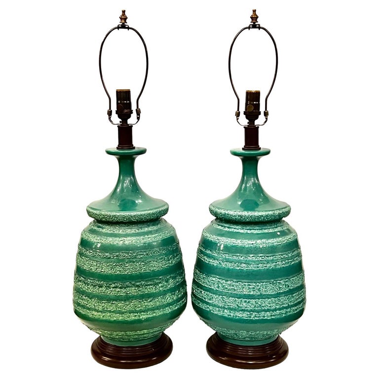 Pair of Green Mid-Century Ceramic Lamps For Sale at 1stDibs