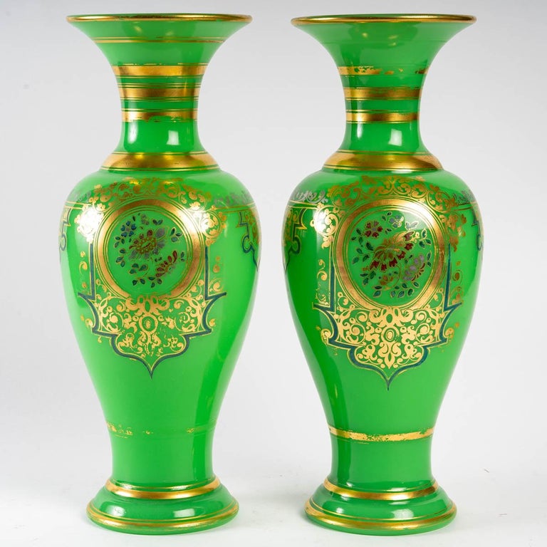Pair of Green Opaline Vases, 19th Century For Sale at 1stDibs
