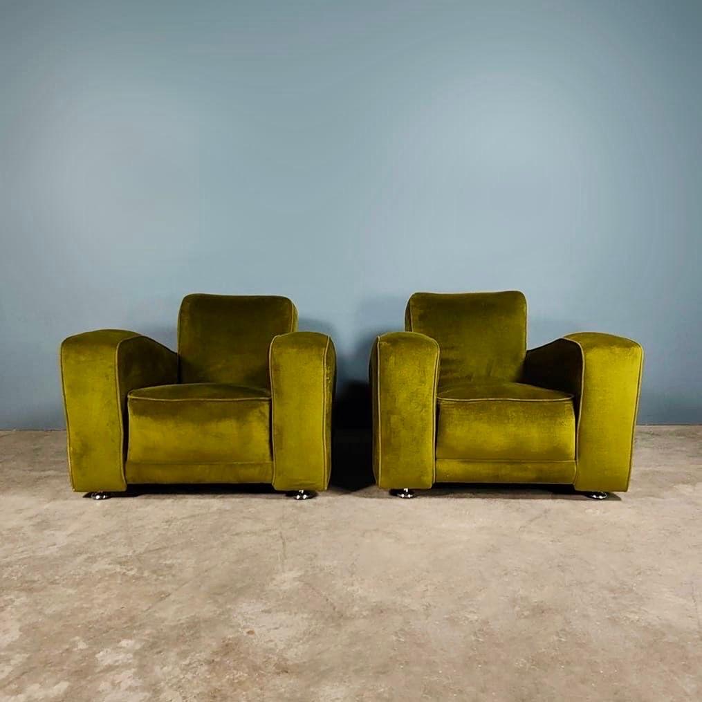 Pair Of Green Velvet Art Deco Lounge Club Chairs Mid Century Vintage ...