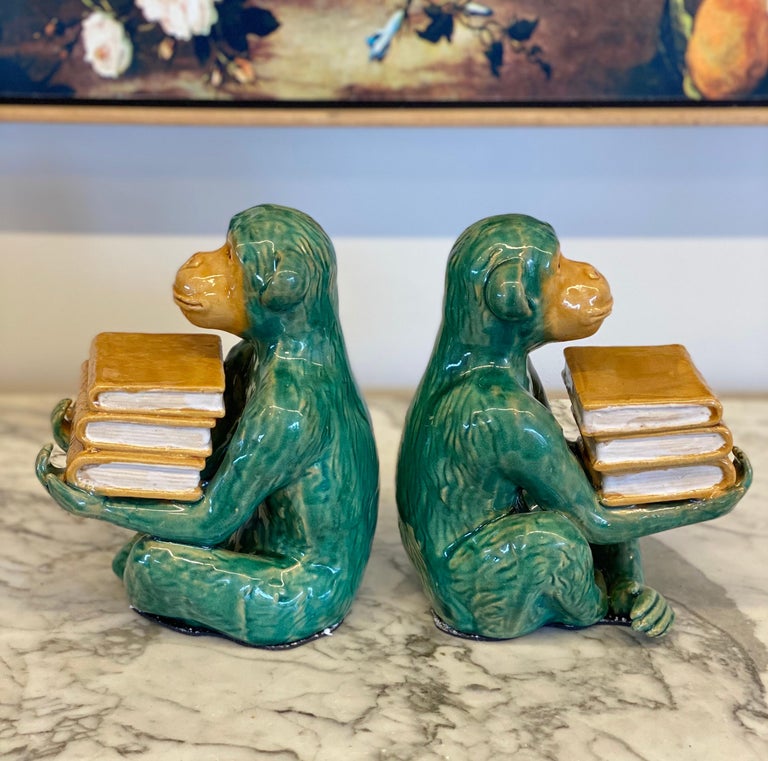 Pair of Green/Yellow Monkey Statues at 1stDibs