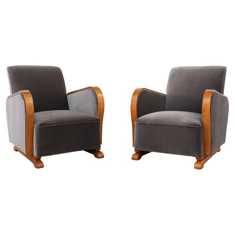 Pair of Grey Velvet Art Deco Lounge Chairs at 1stDibs